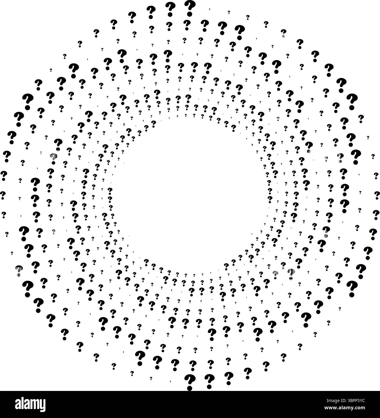 Abstract circular design composed of a radial scattered black question ...