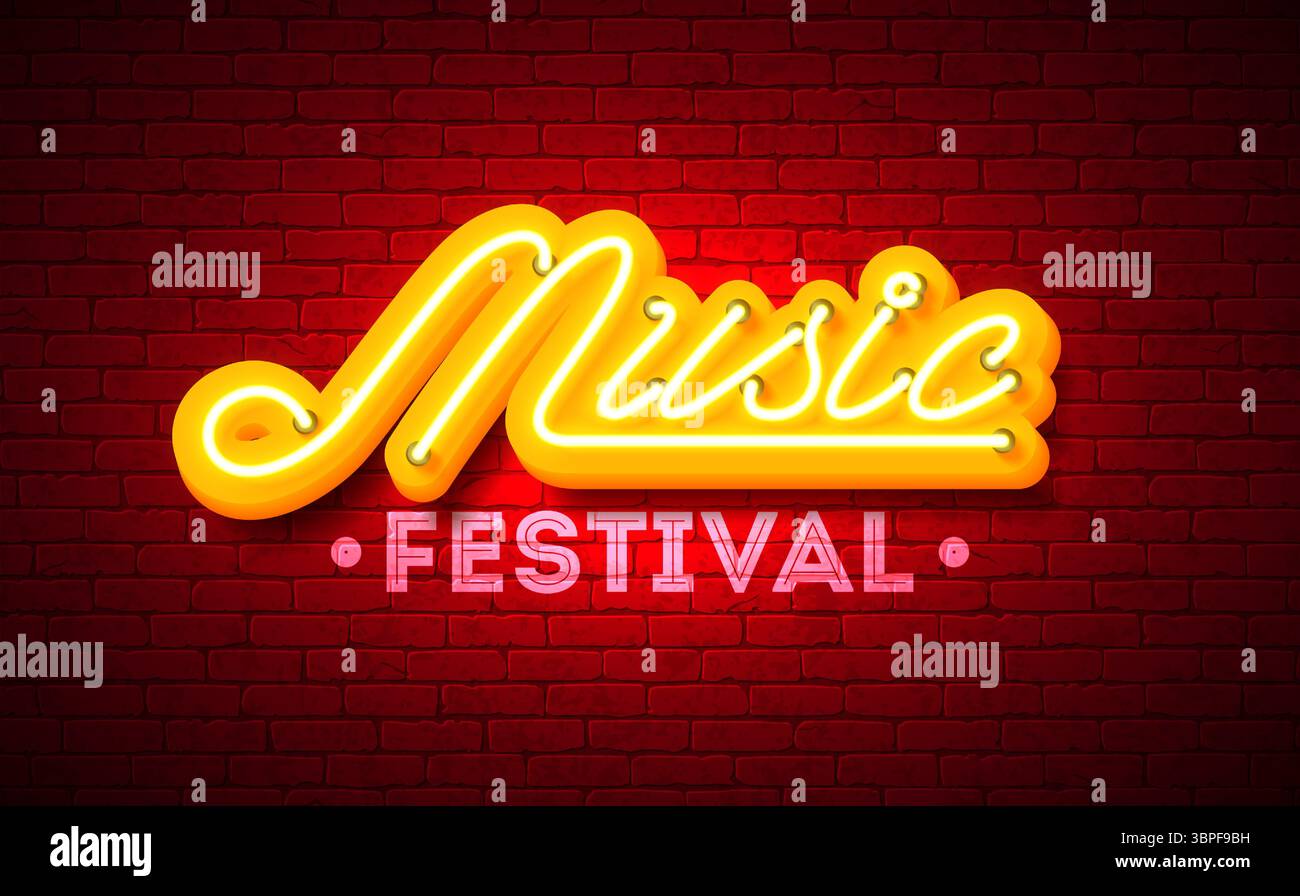 Music Festival Banner Illustration with Glowing Neon Light Signboard ...