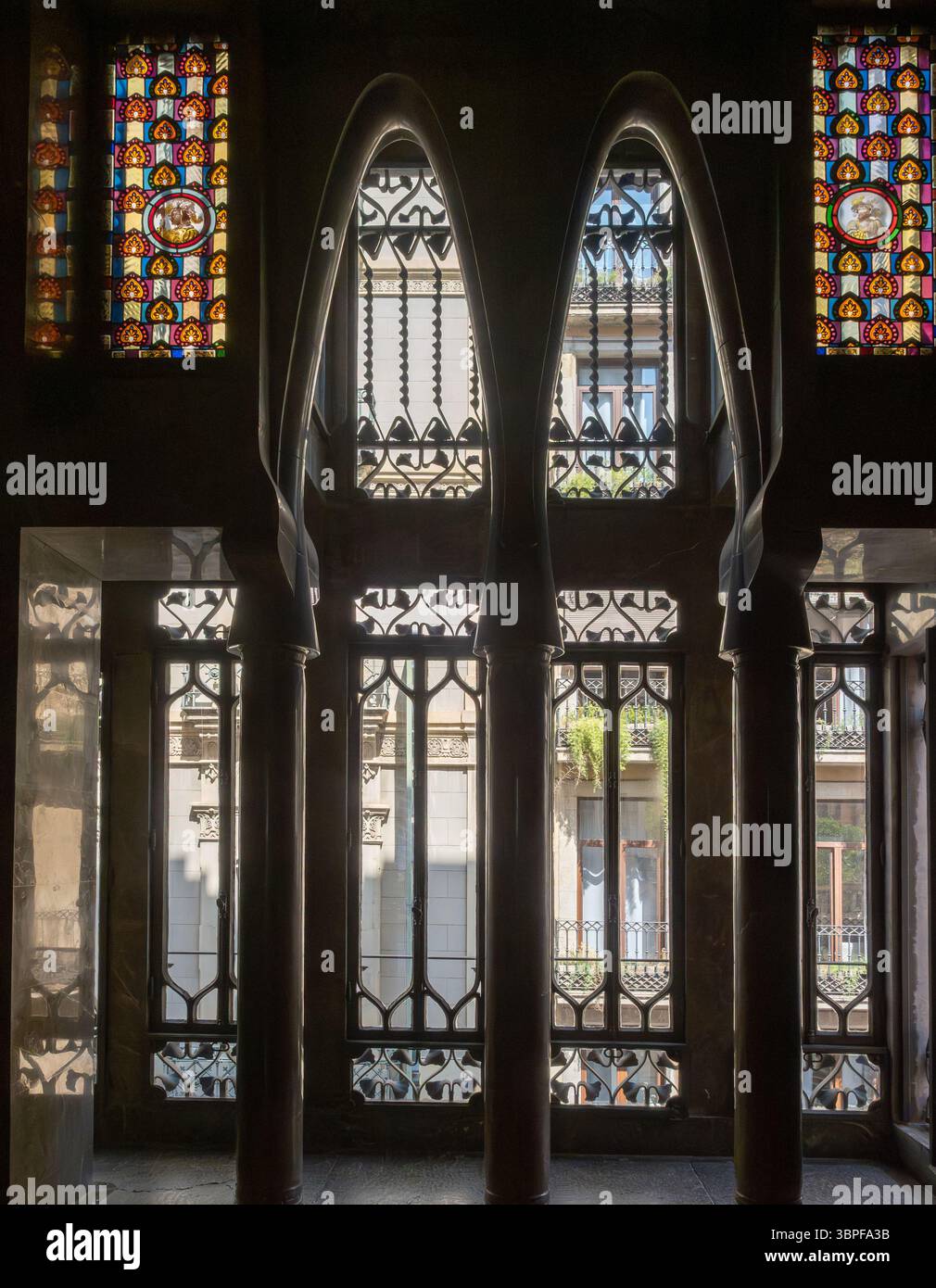 Interior view of the grand hall of Palau Güell, showing Antoni Gaudí's ...