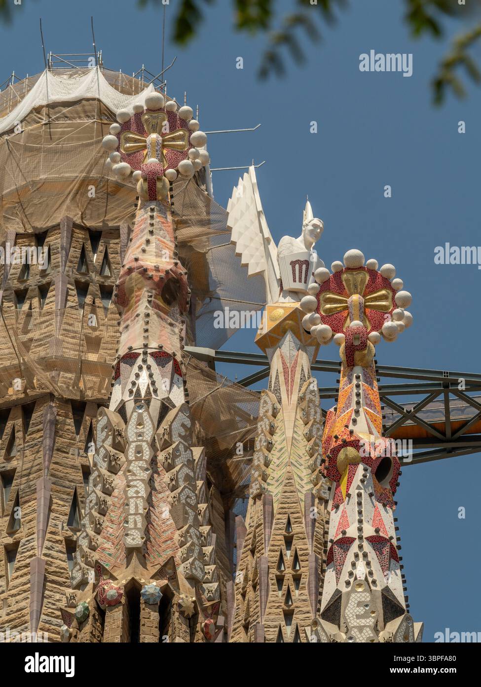 Detail of the recently completed towers of the Evangelists, topped with ...
