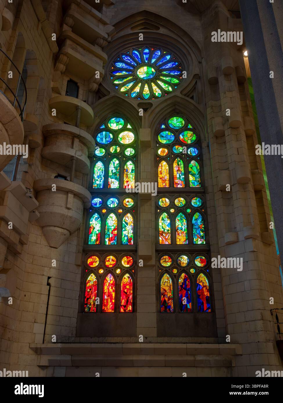 A beautiful modern stained glass window designed by Joan Vila-Grau inside Antoni Gaudí's La ...