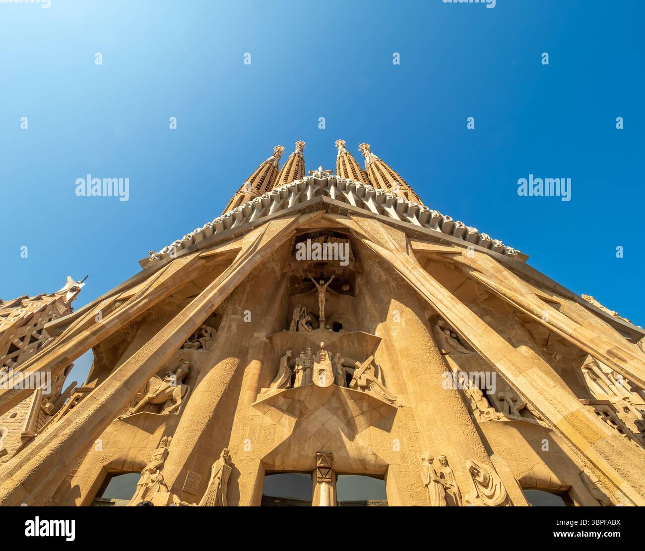 Dramatic low angle view of the soaring towers and angular sculptures of ...