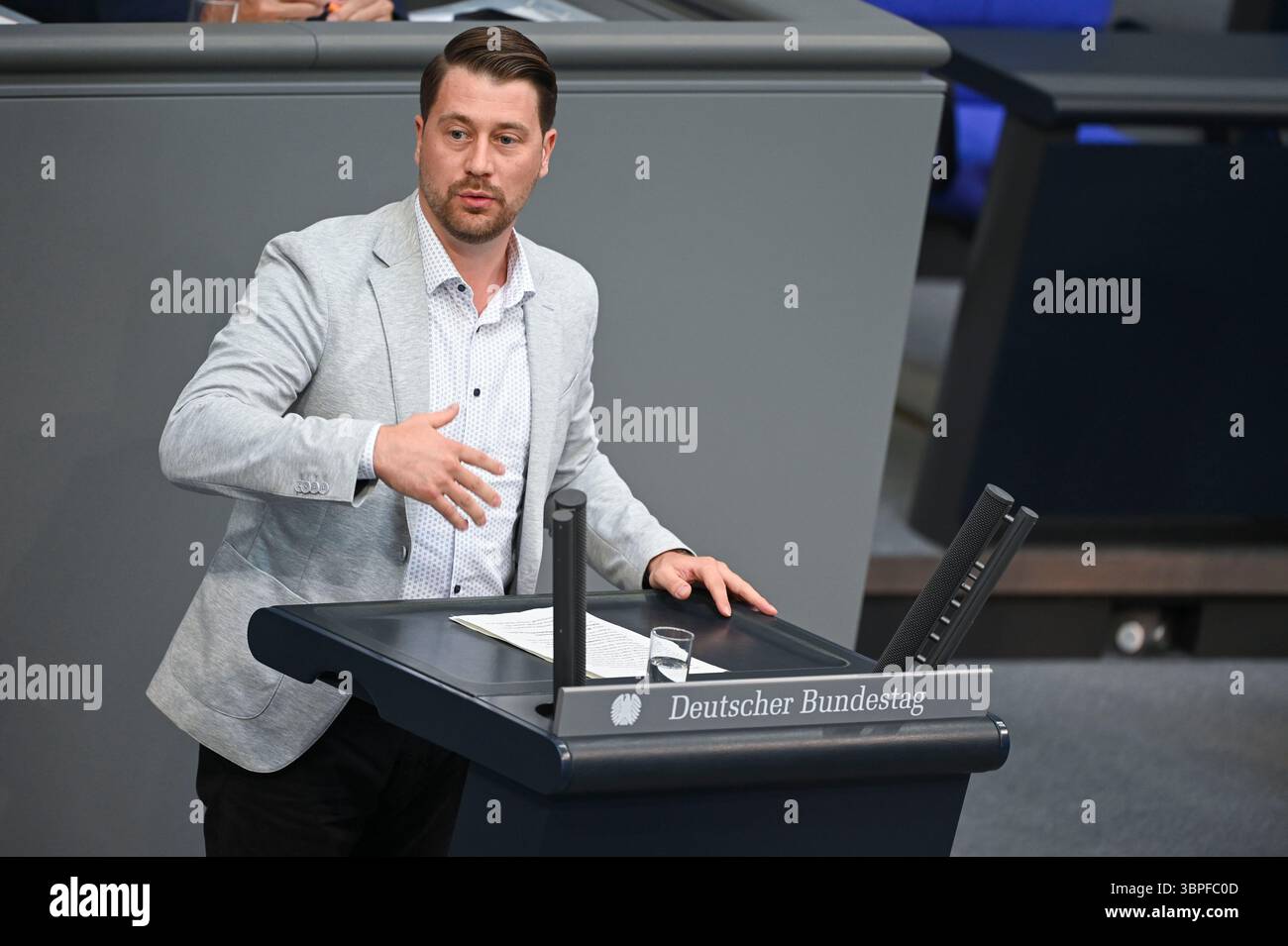 08 July 2025, Berlin: Sergej Minich (AfD) speaks in the Bundestag ...