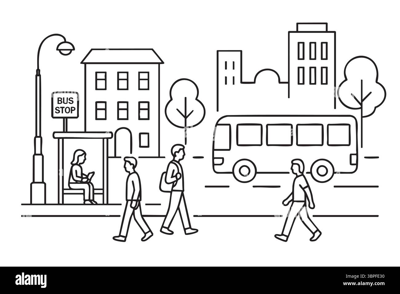 City Bus Stop Scene with Pedestrians and Vehicles Stock Vector Image ...