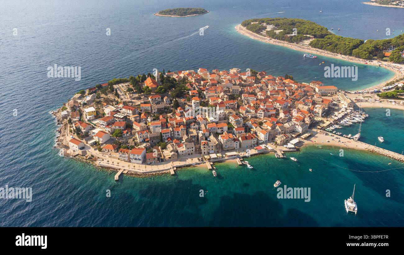Aerial panorama of the tourist town of Primosten in Croatia. Aerial ...