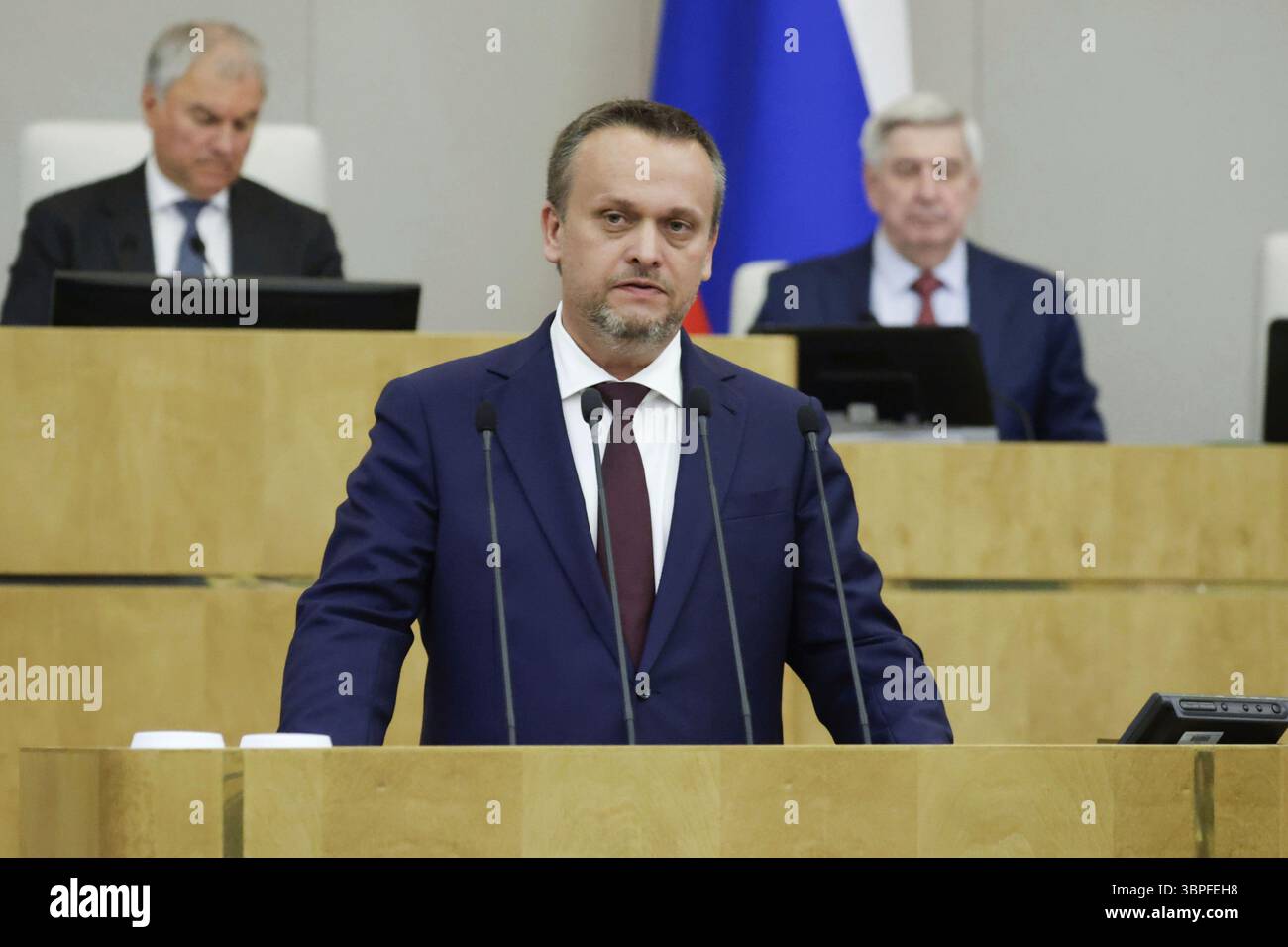 In this photo released by The State Duma, Andrei Nikitin speaks during ...