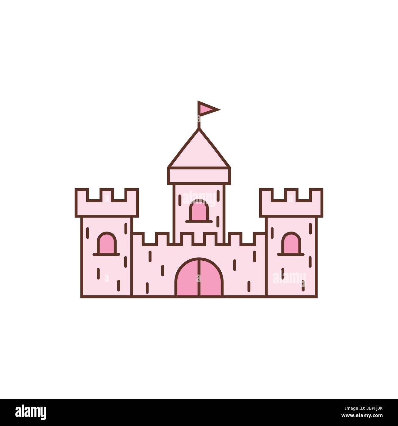 A charming pink cartoon castle with flags, perfect for fairytale ...