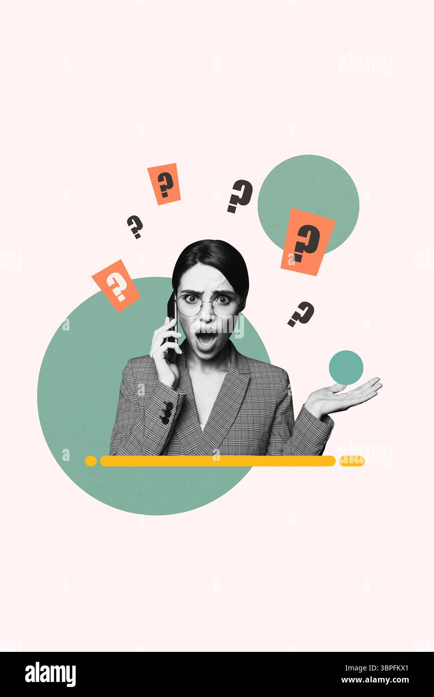 Collage of woman man person with question marks floating around symbolizing doubt decision ...