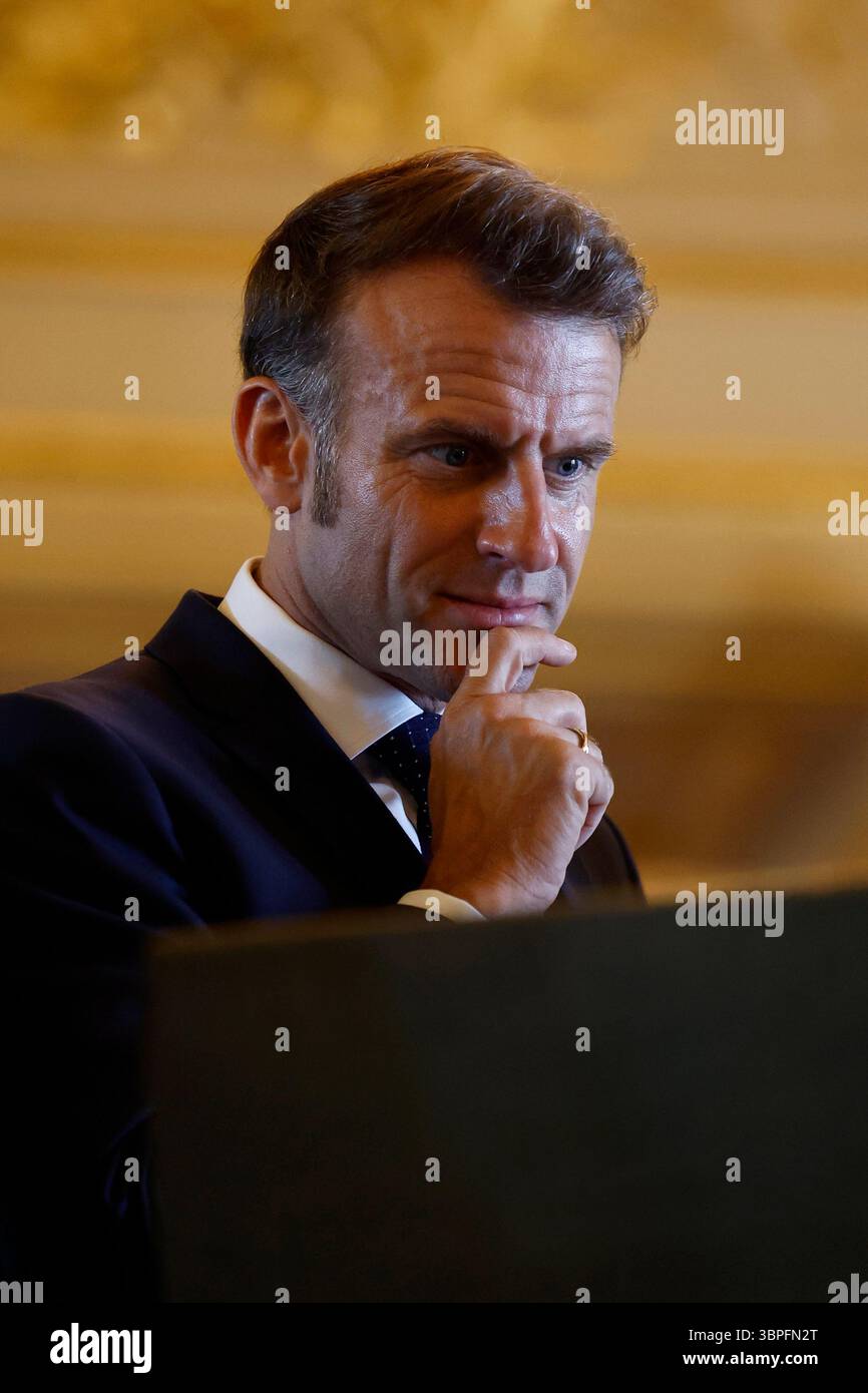 The President of France Emmanuel Macron during a visit to view the ...