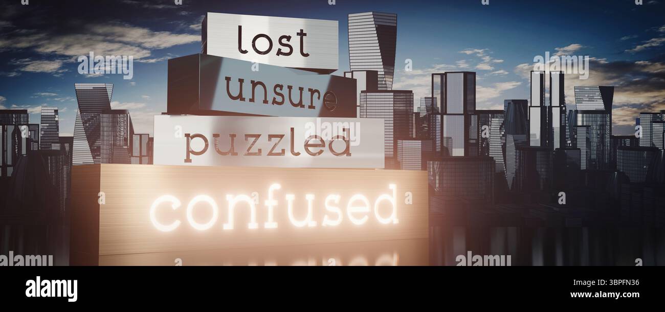 Confused concept - block shapes and skyscrapers - 3D illustration Stock ...