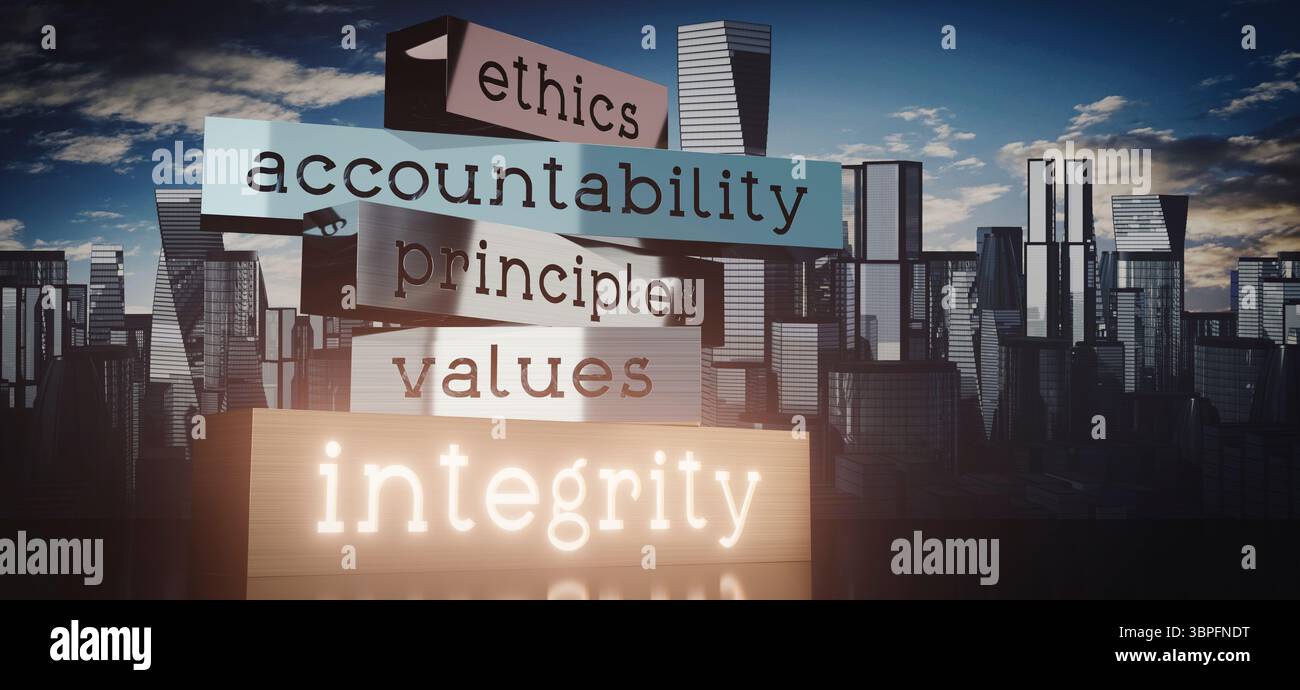 Integrity concept - block shapes and skyscrapers - 3D illustration ...