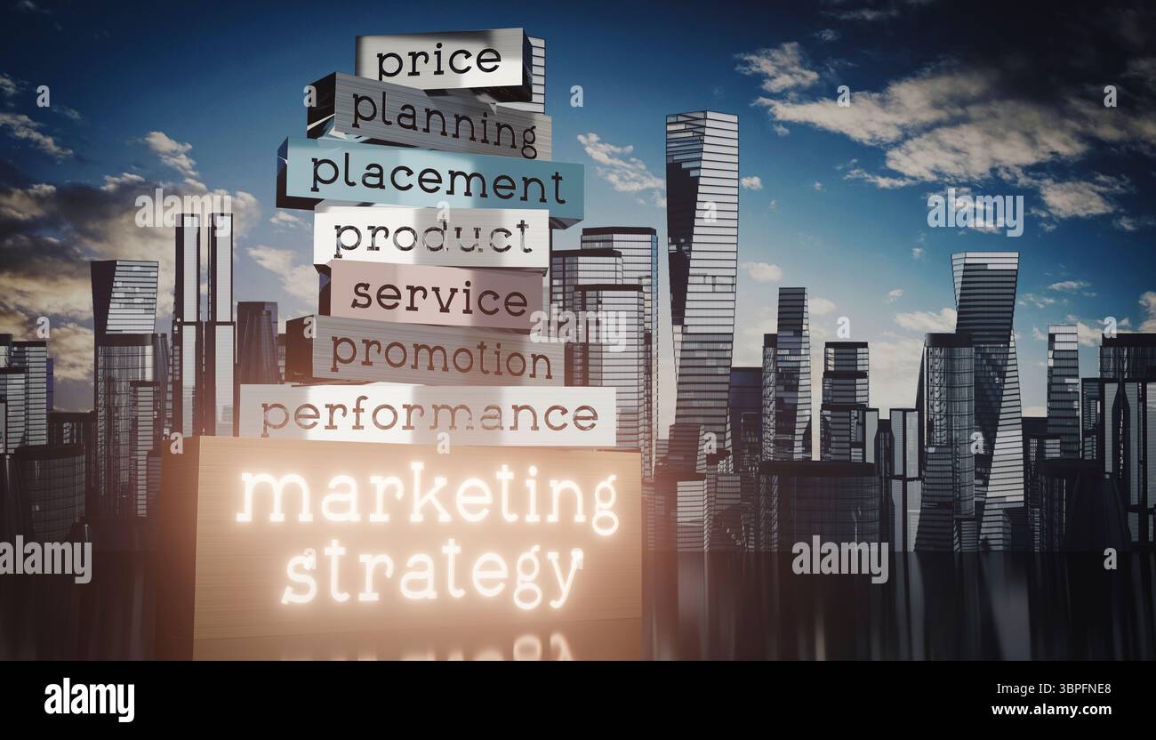 Marketing strategy - block shapes and skyscrapers - 3D illustration ...