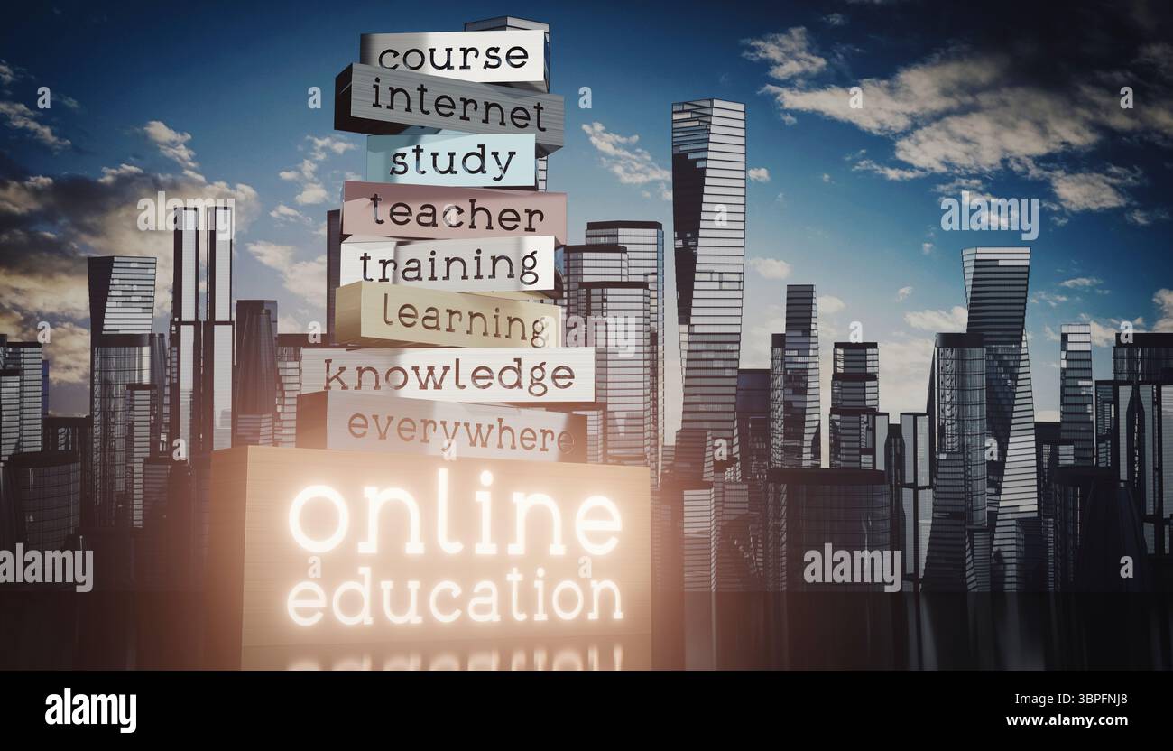 Online education - block shapes and skyscrapers - 3D illustration Stock ...