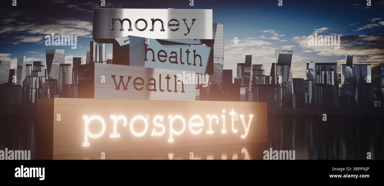 Money, health, wealth, prosperity - block shapes and skyscrapers - 3D ...