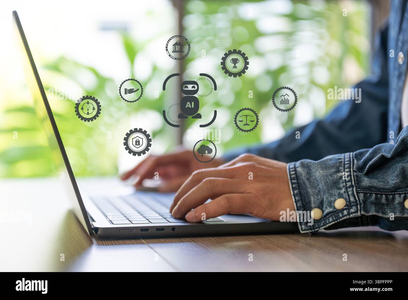 Business man using AI robots to help analyze and increase efficiency in ...