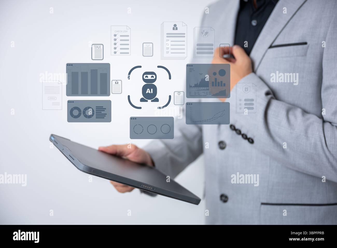 Business man using AI robots to help analyze and increase efficiency in ...