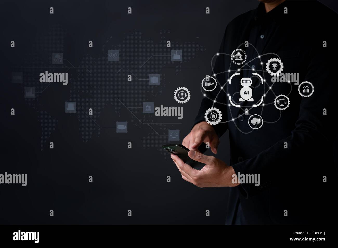 Business man using AI robots to help analyze and increase efficiency in ...