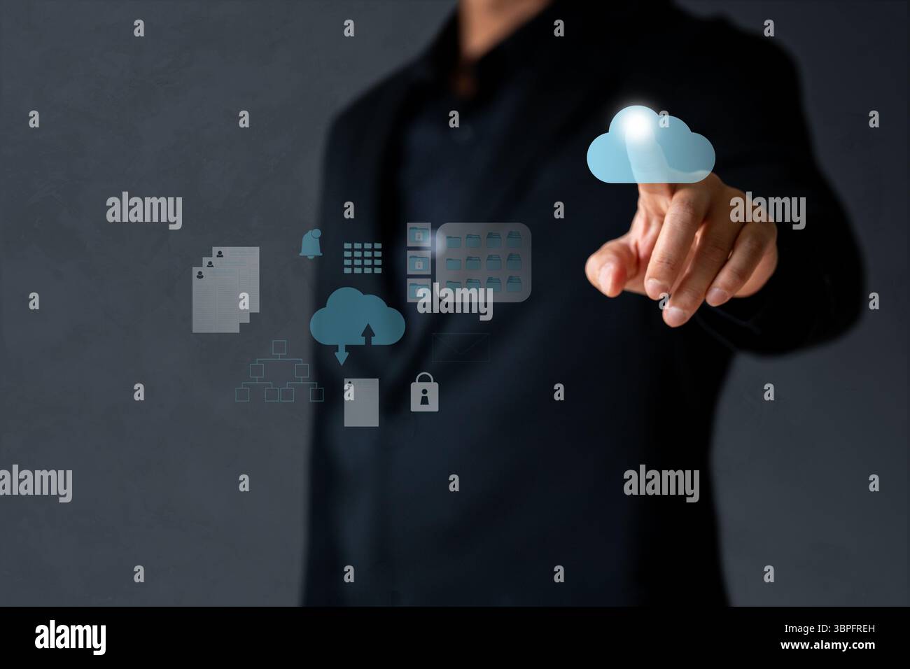 Business man work with laptop seek data input and output from cloud data icon floating on screen ...