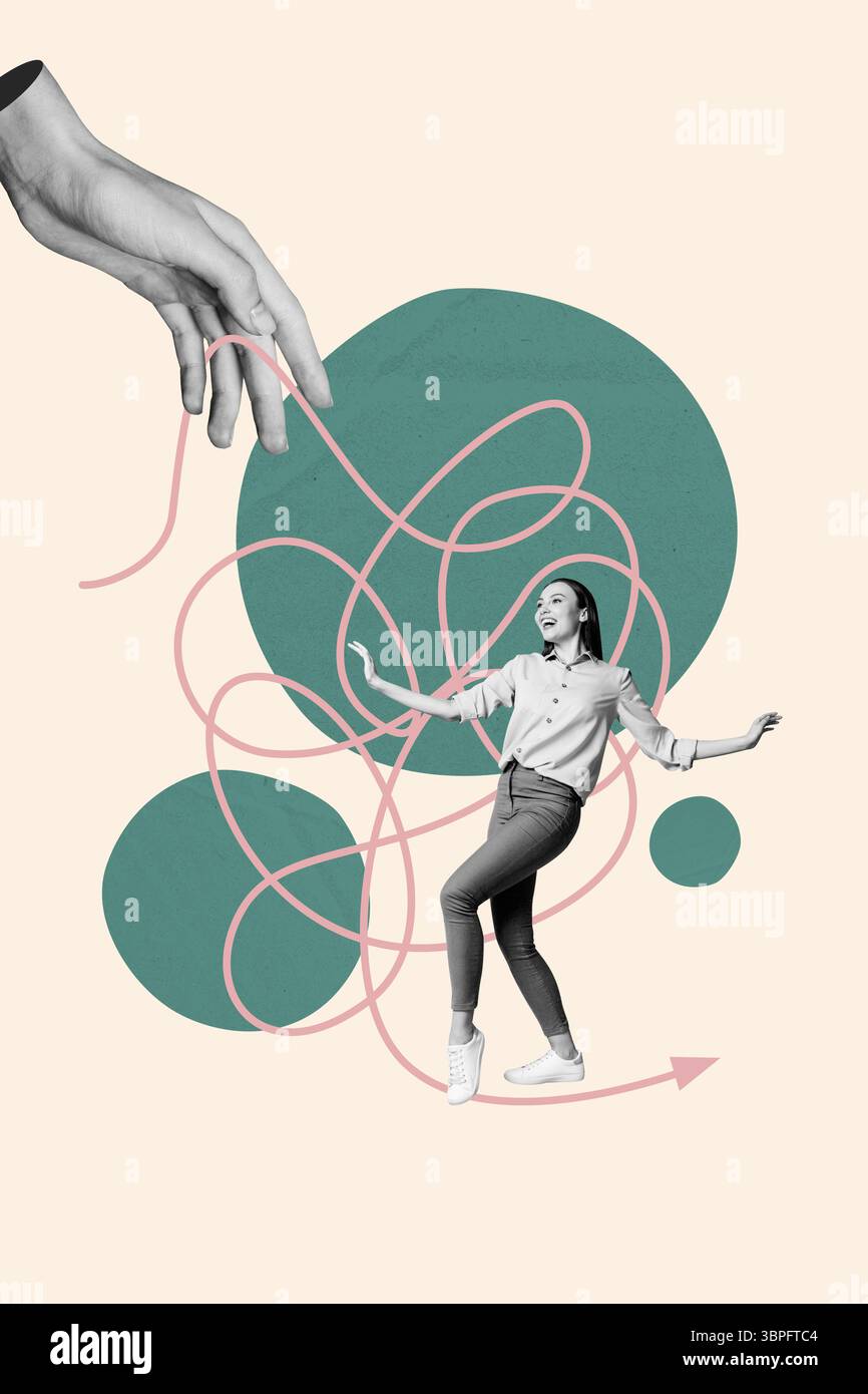 Collage of funny person navigating tangled lines symbolizing confusion ...
