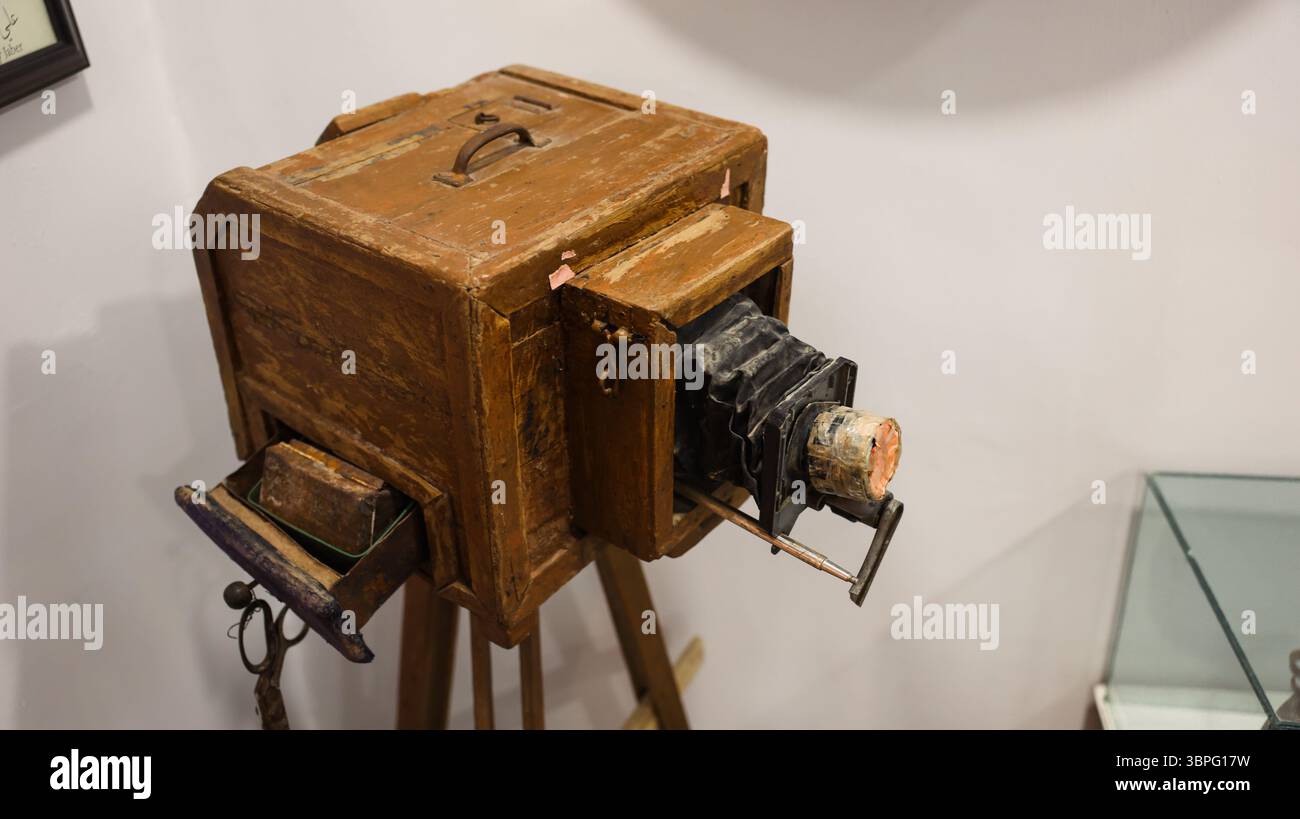 A vintage wooden camera stands prominently at Hilla Museum in Iraq ...
