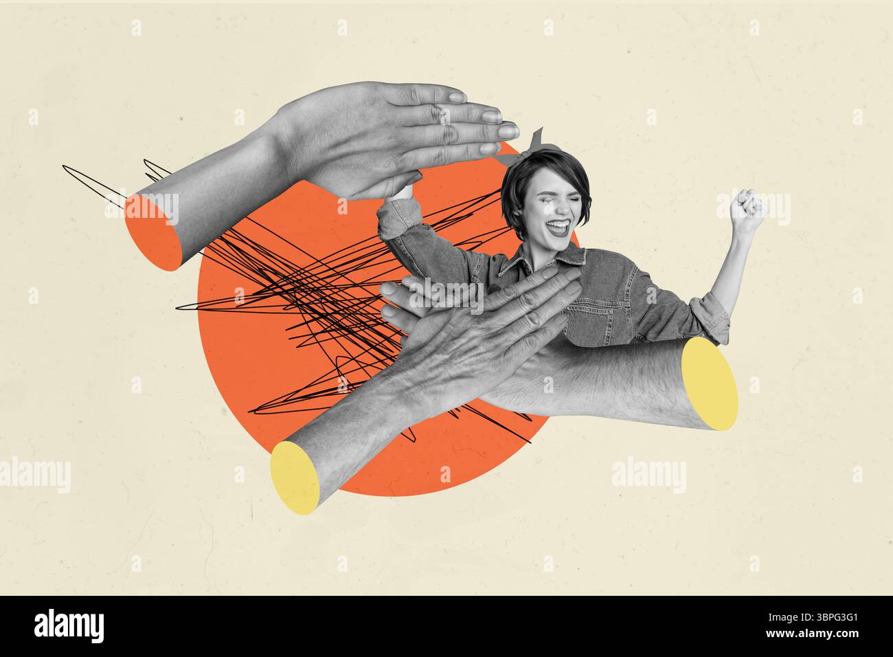 Composite image art photo collage of puzzled girl guy stand hand show ...