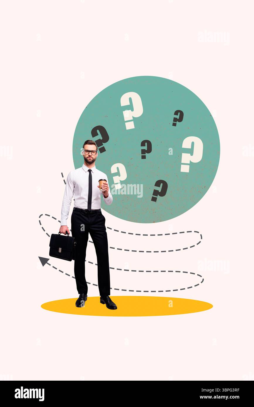 Collage of woman man person with question marks floating around symbolizing doubt decision ...