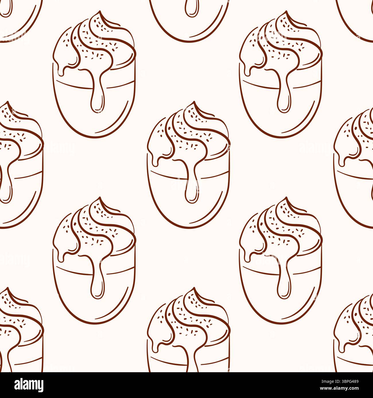 Seamless pattern with creamy dessert in cup drawn in line art style on ...