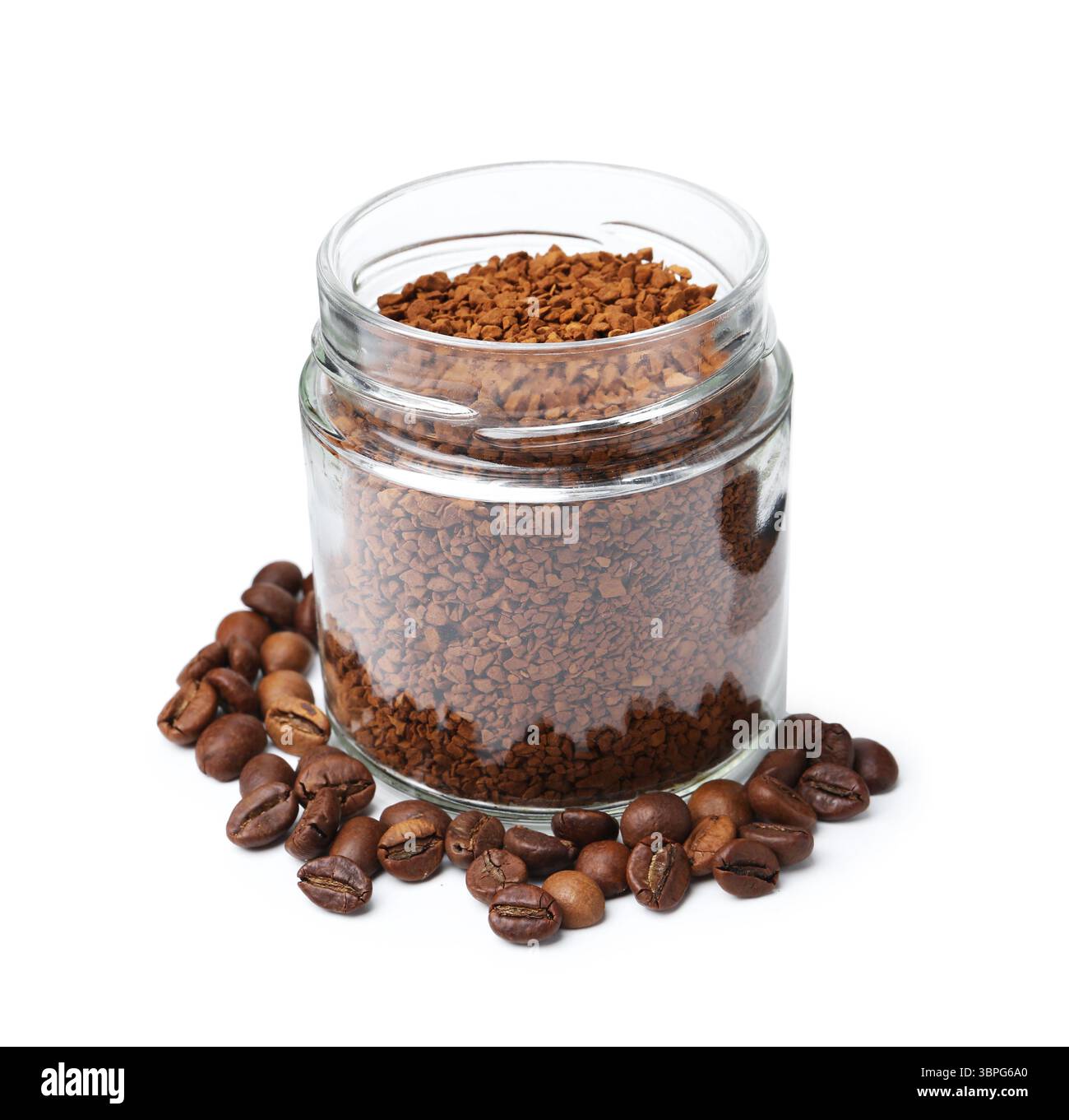 Instant coffee in glass jar and beans isolated on white Stock Photo - Alamy