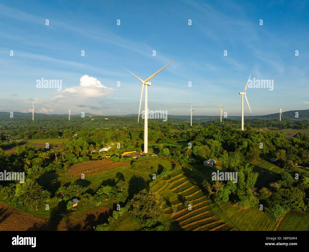 Aerial view of towering wind turbines stand as sentinels above lush ...