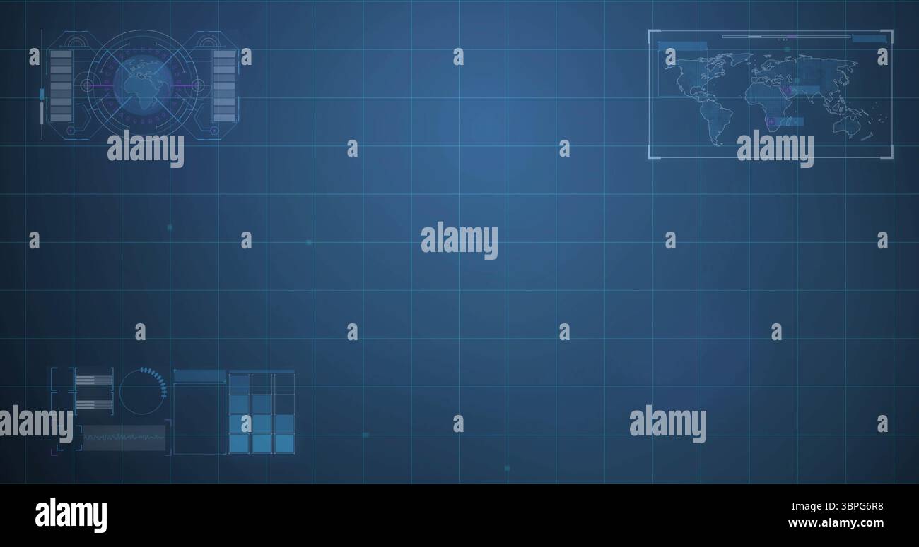 Displaying tech interface in dashboard, with grid overlay, globe projection, world map display ...