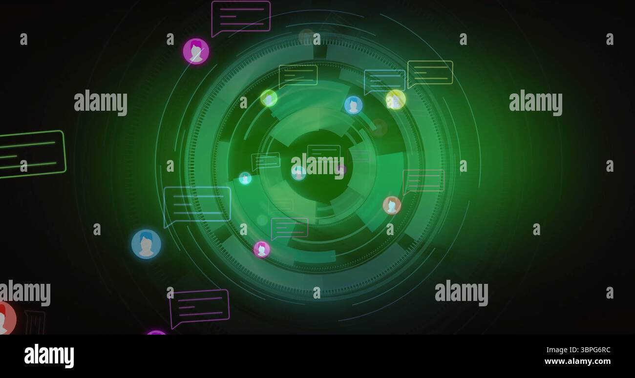 Digital communication icons and chat bubbles image over green circular ...