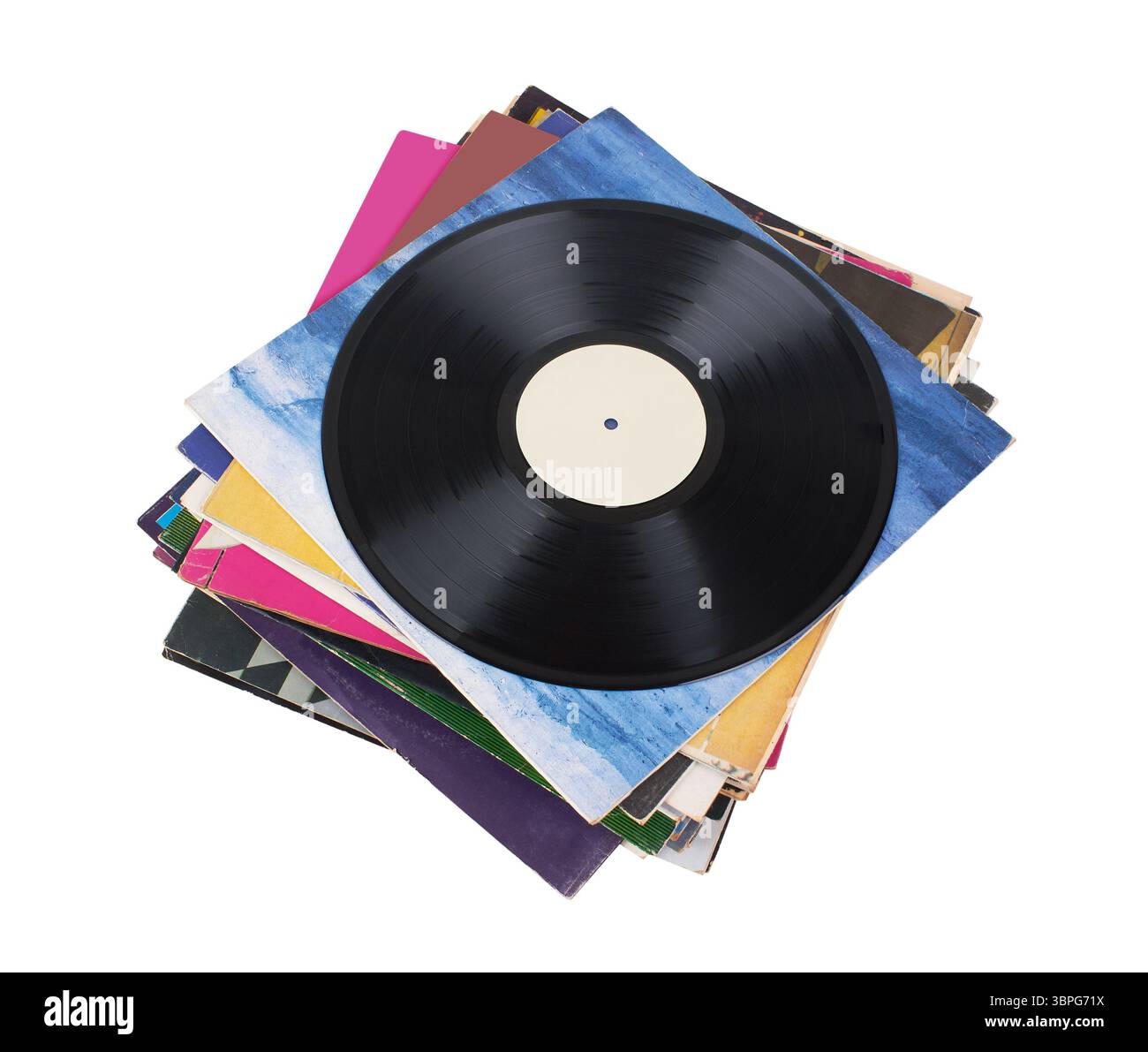 Vinyl record on a stack paper envelopes. Analog sound. Classic audio ...
