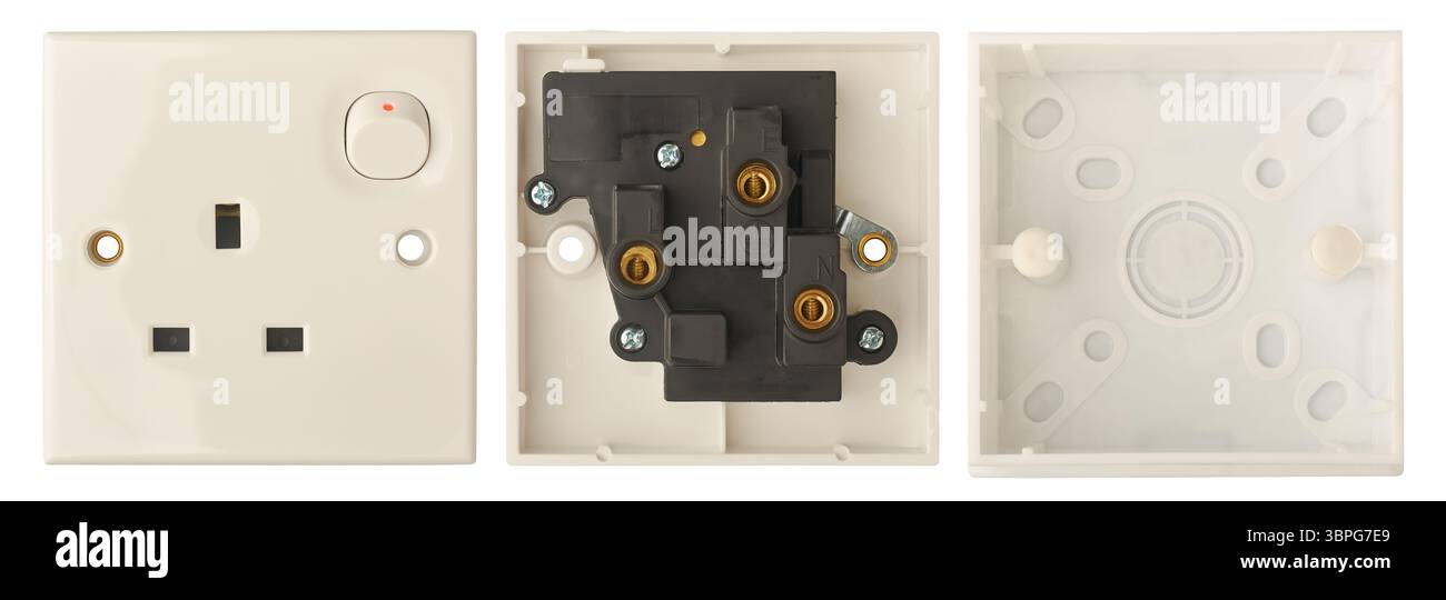 set of three pin type G wall socket faceplate, internal component side ...