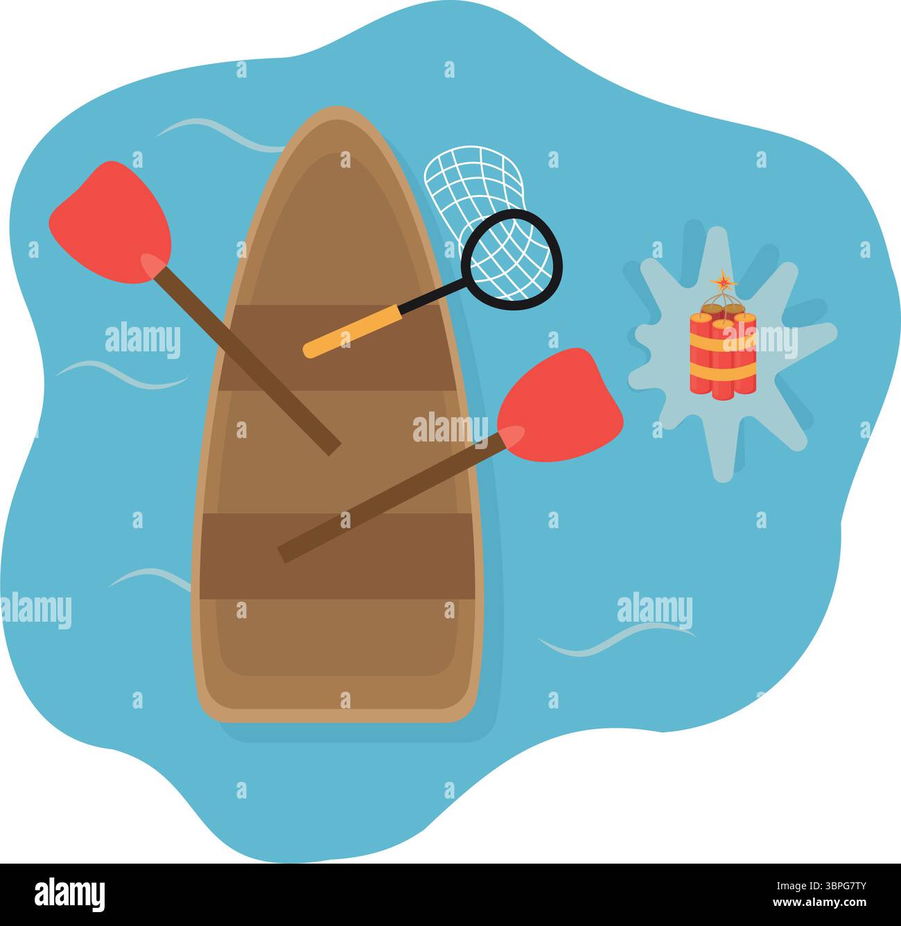 Fishing boat with tools and explosive dynamite in surrounding sea Stock ...