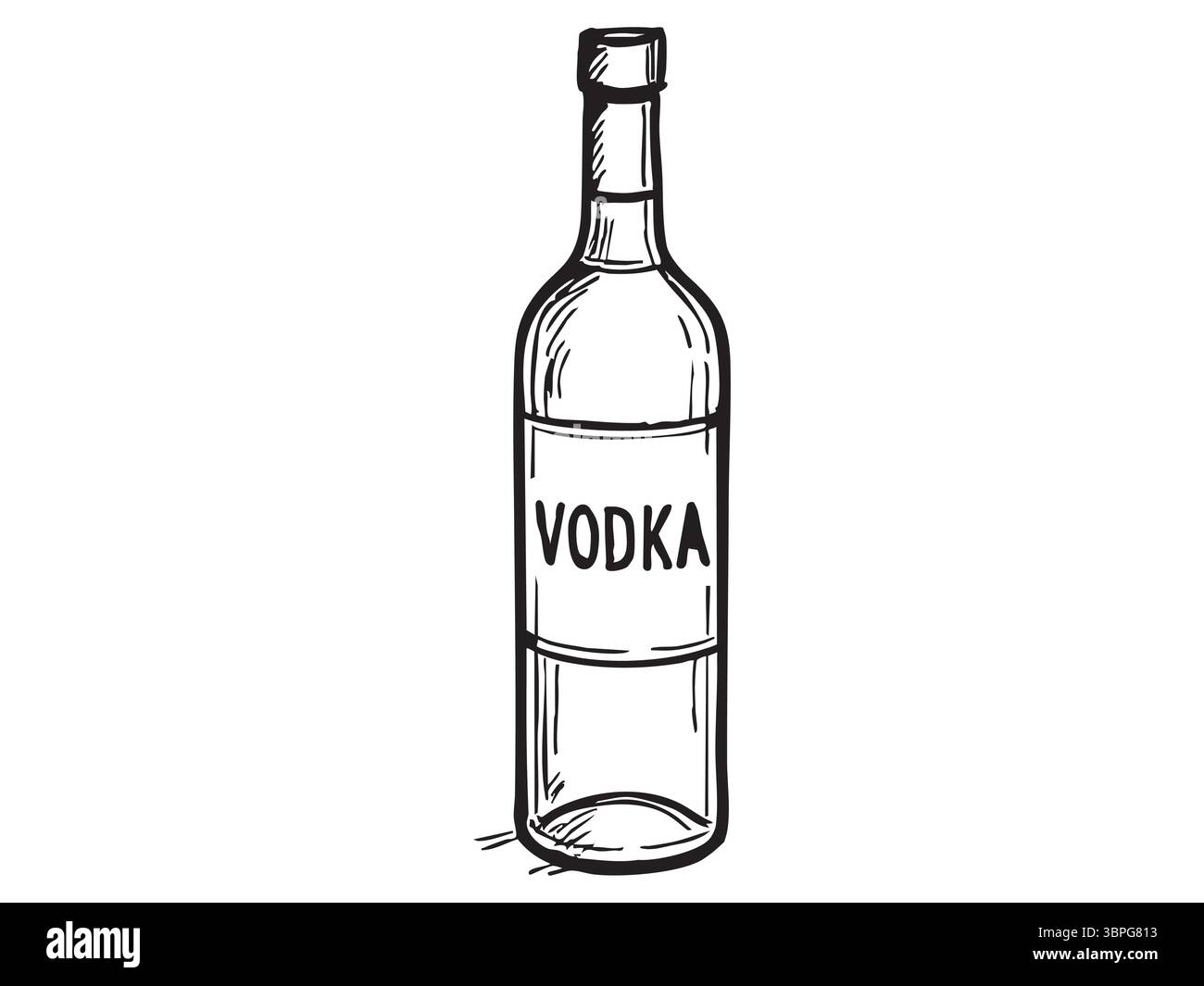 Black outline of vodka bottle isolated on white background, graphic ...