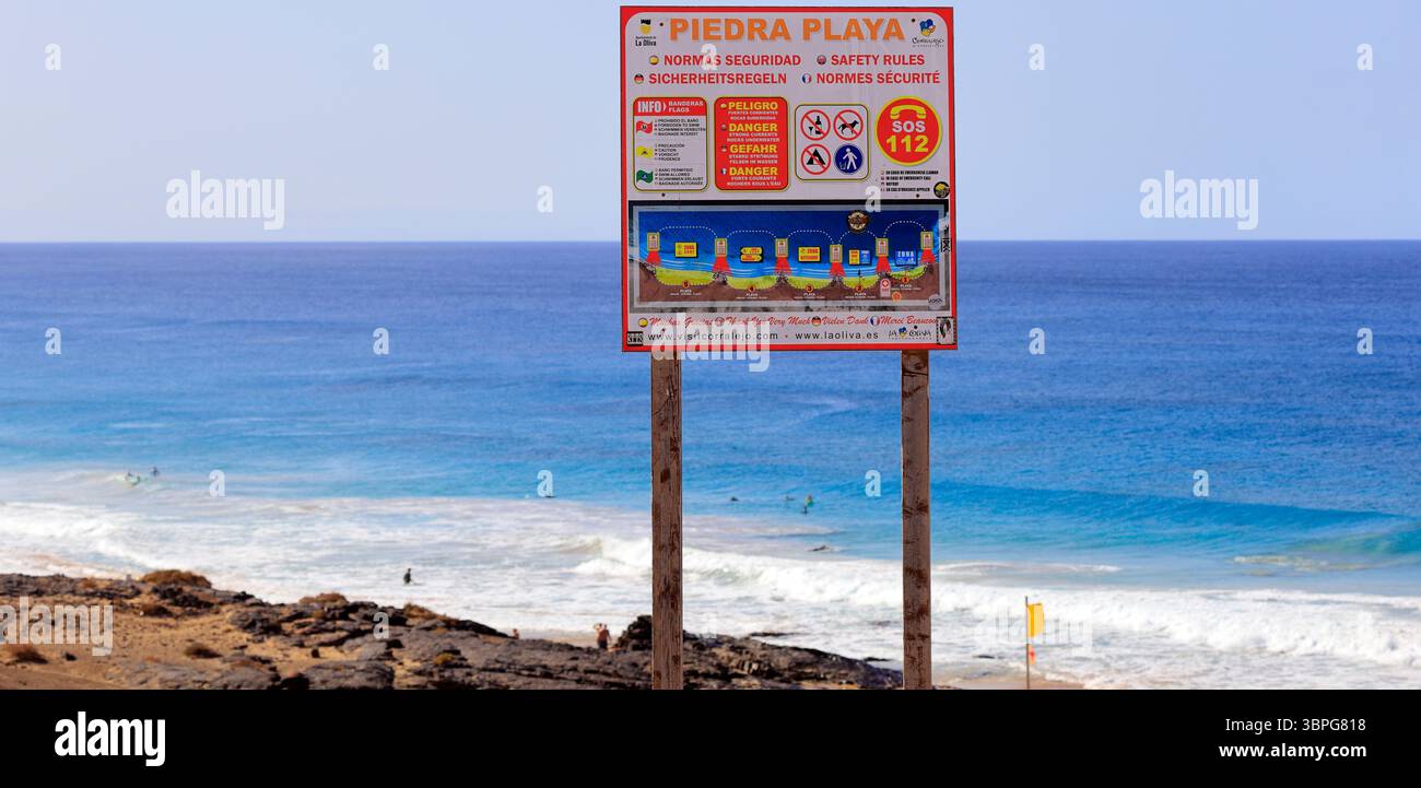 Safety rules sign at Piedra Playa surf beach, Fuerteventura, Canary ...