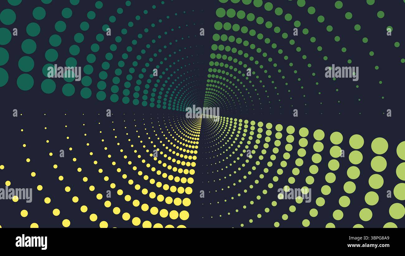 Radial halftone dot pattern forming spiral tunnel effect representing motion energy focus ...