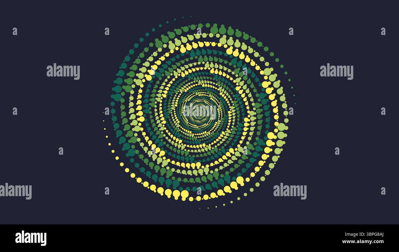 Radial halftone dot pattern forming spiral tunnel effect representing motion energy focus ...