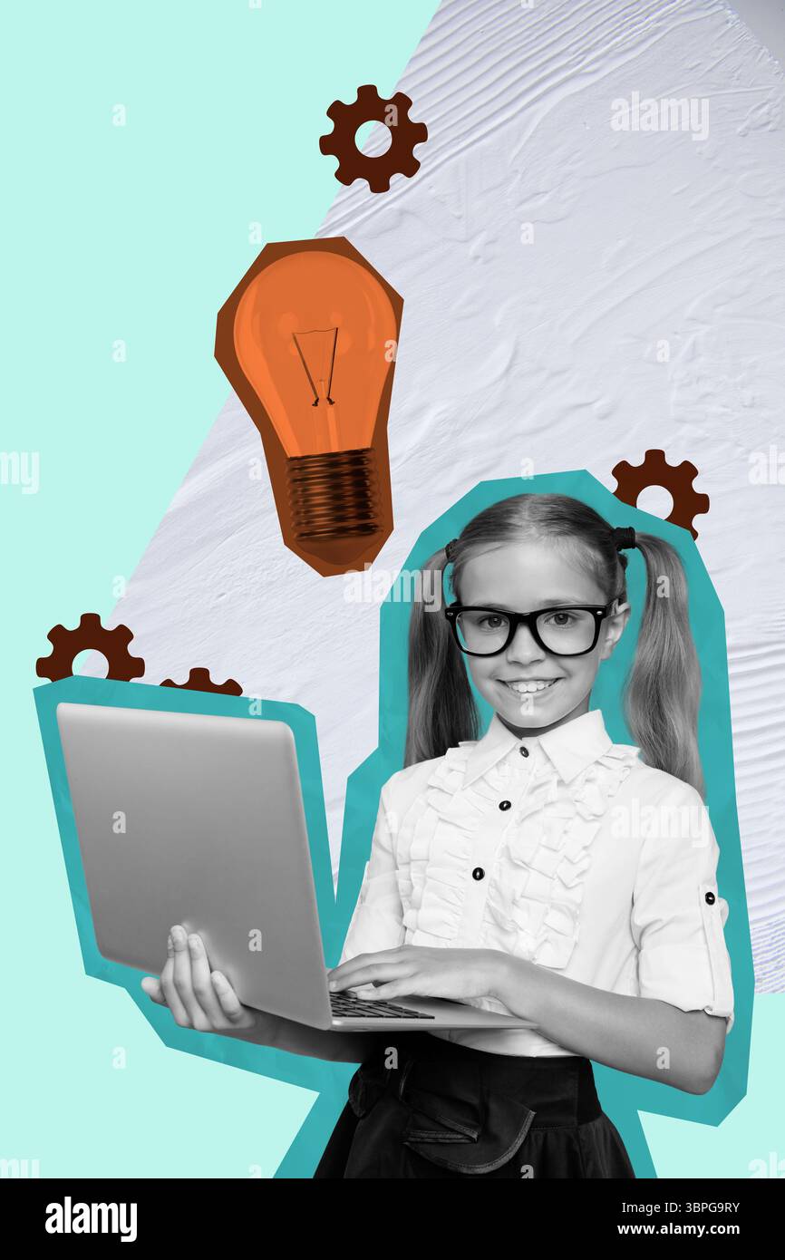 Vertical zine art pop trend collage of happy preteen schoolgirl hold ...