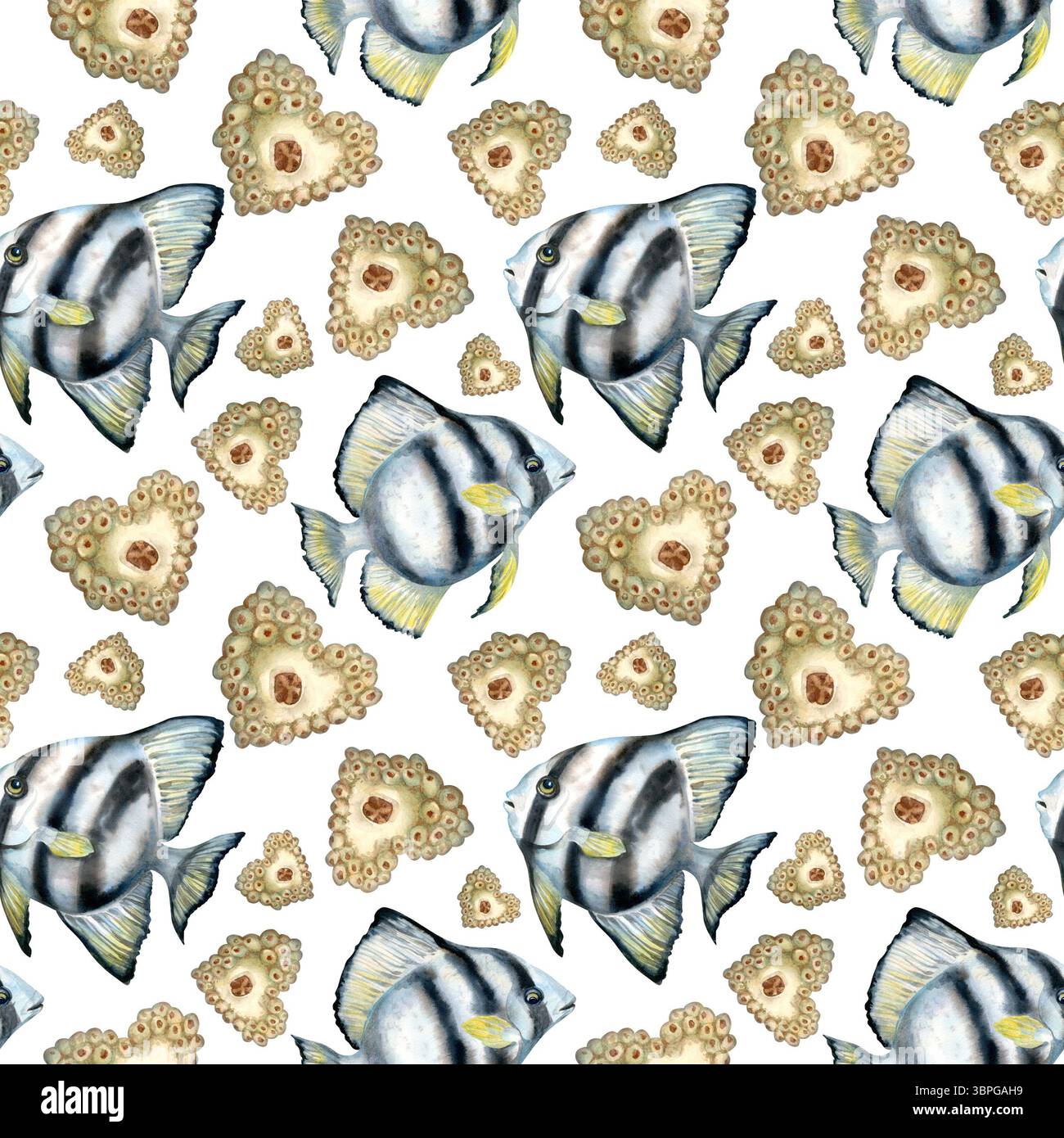 Seamless pattern of tropical striped fish and underwater sea sponges ...
