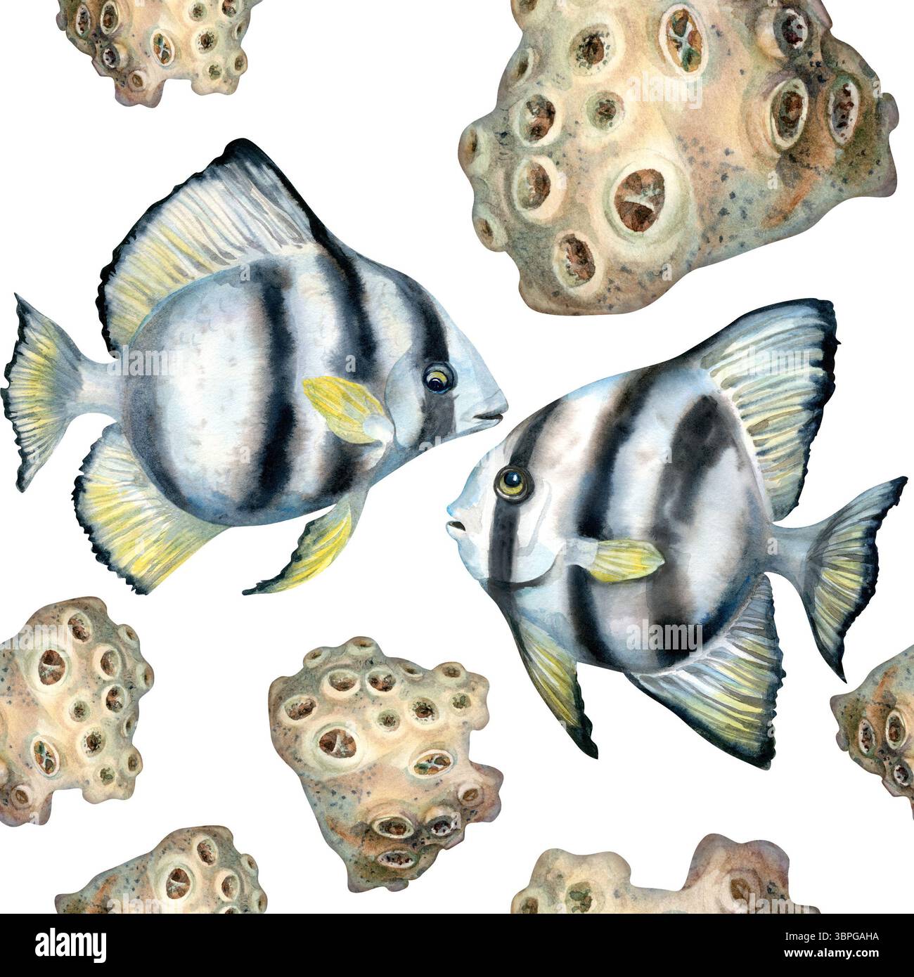 Seamless pattern of tropical striped fish and underwater sea sponges ...