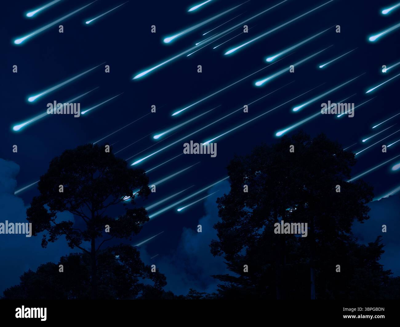 meteor on the night sky dark cloud and silhouette tree in tropic forest ...