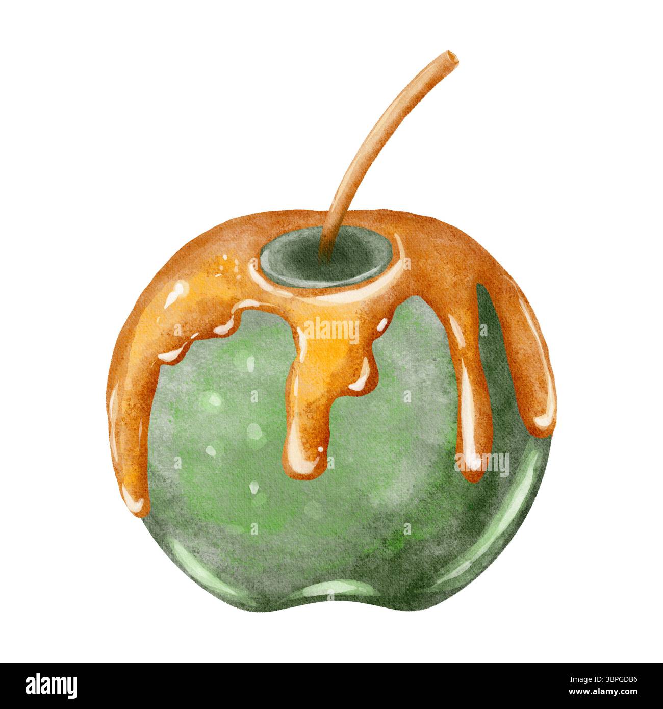 A green apple covered with dripping caramel and a wooden stick on top ...