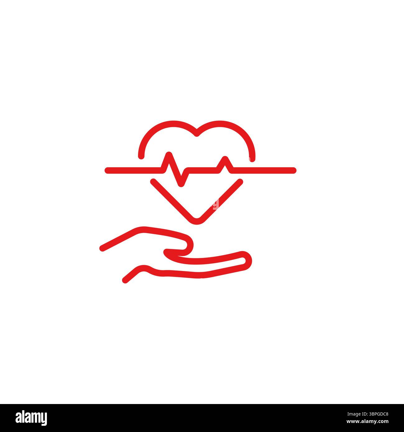 Icon depicting heart health with heartbeat line and helping hand in red ...