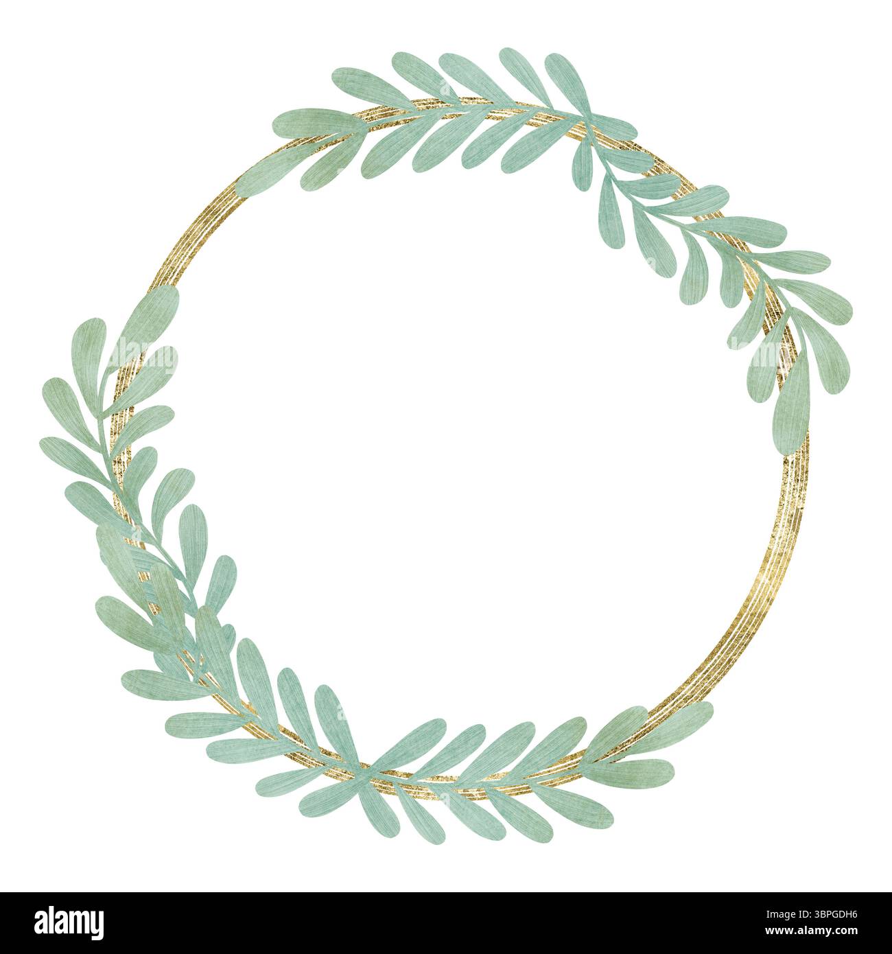 Round golden frame, wreath of branches with green leaves, handmade ...