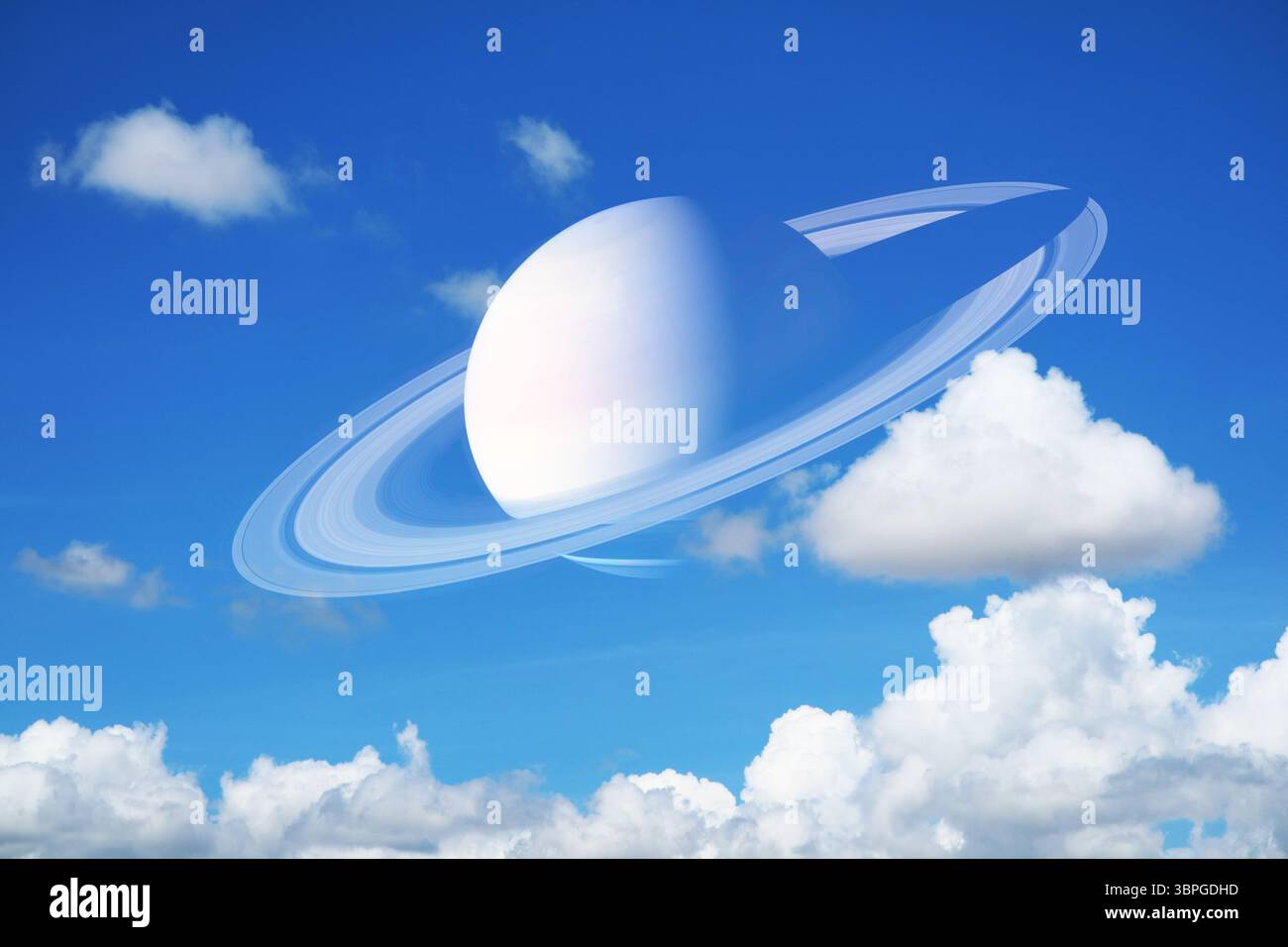 Saturn near earth pure clean blue sky huge white gray cloud and ...