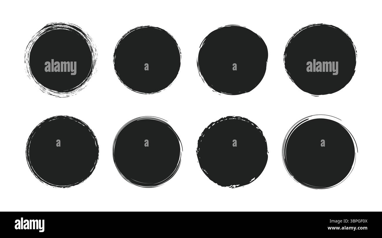 Set of black grunge circle shapes with rough edges representing ...