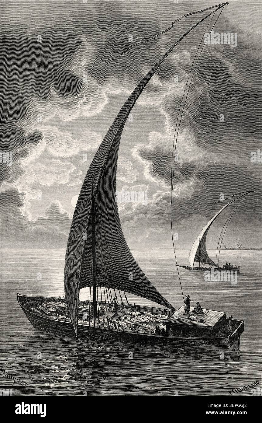 Traditional sailboat from the Upper Nile, Sudan. Africa. Drawing by ...