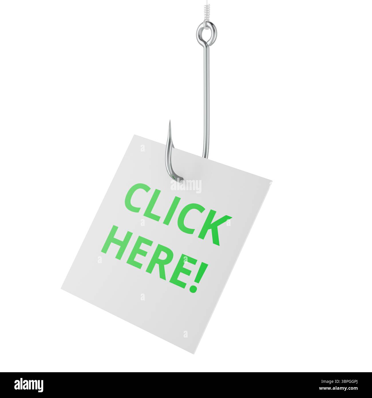 Fishing hook with click here sign. Internet phishing or online scam, concept. 3D rendering ...