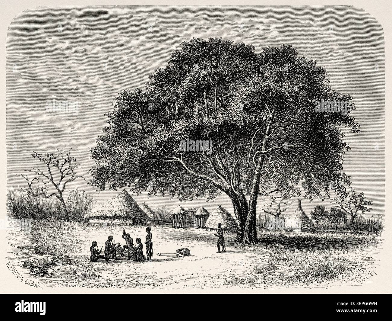 Natives playing music at the old Sabbi village. The Bongo people are a ...